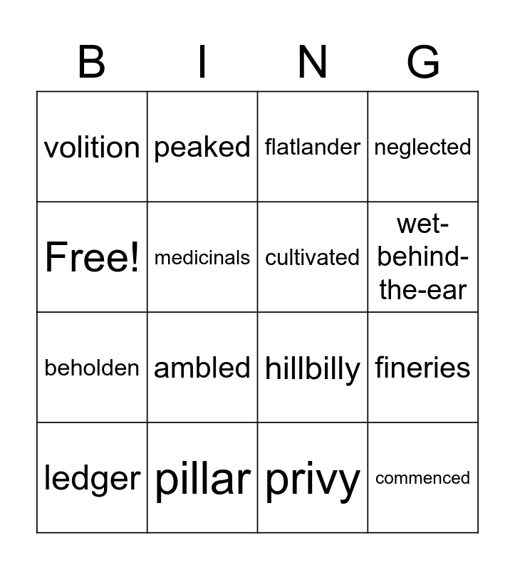 Dovey Coe Vocab Bingo Card