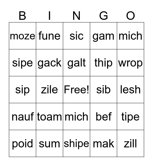 Nonsense Words Bingo Card