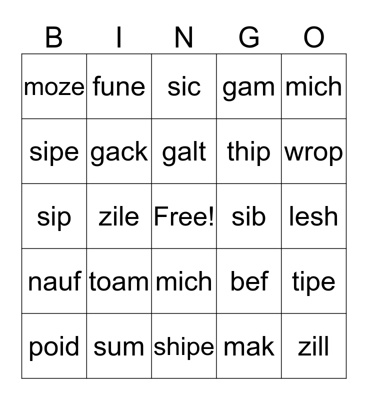 Nonsense Words Bingo Card