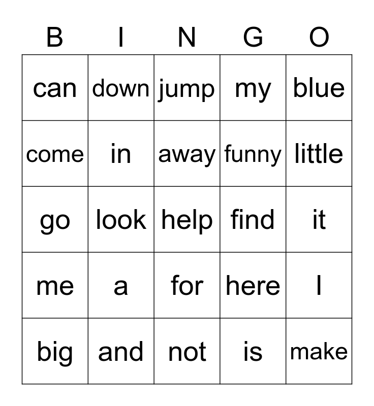 Pre-Primer Sight Word Bingo Card