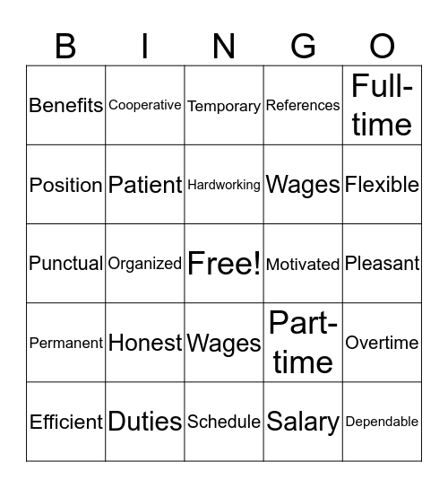 Job Vocabulary Bingo Card