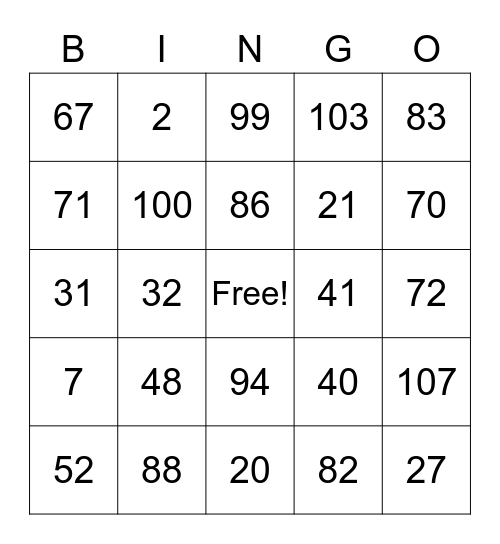 Number game 1-130 Bingo Card