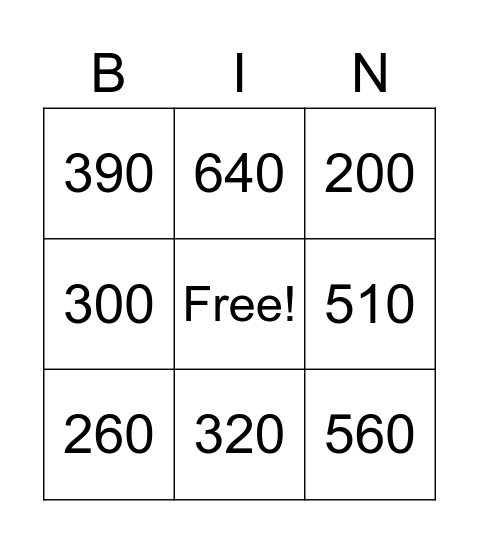 Números hasta 1000 Bingo Card