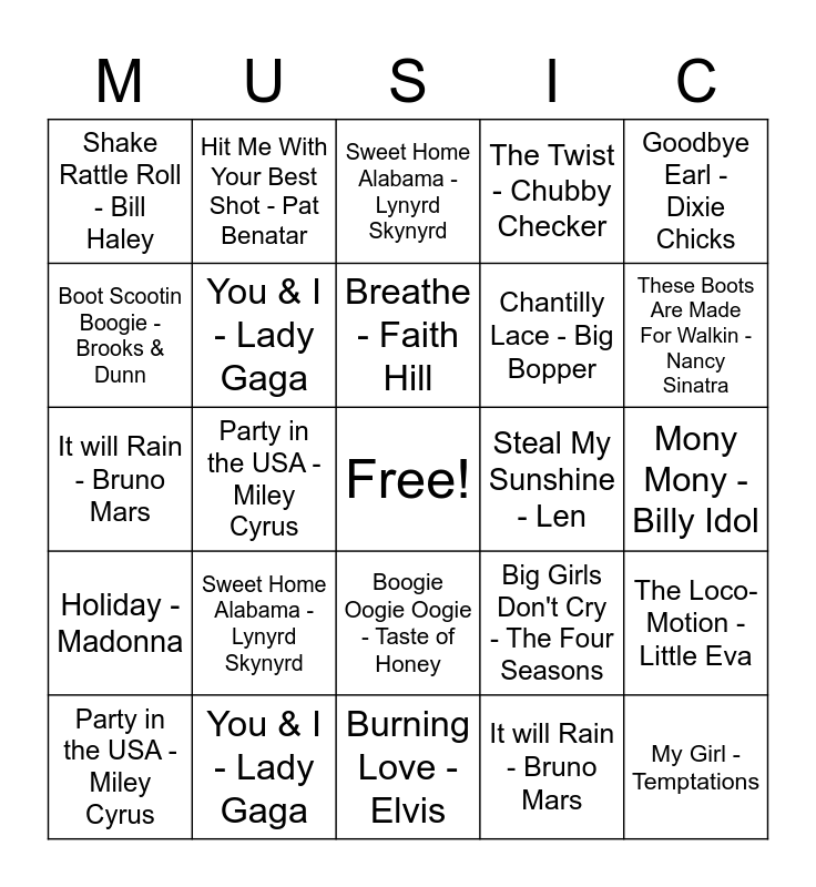 Music Bingo Card