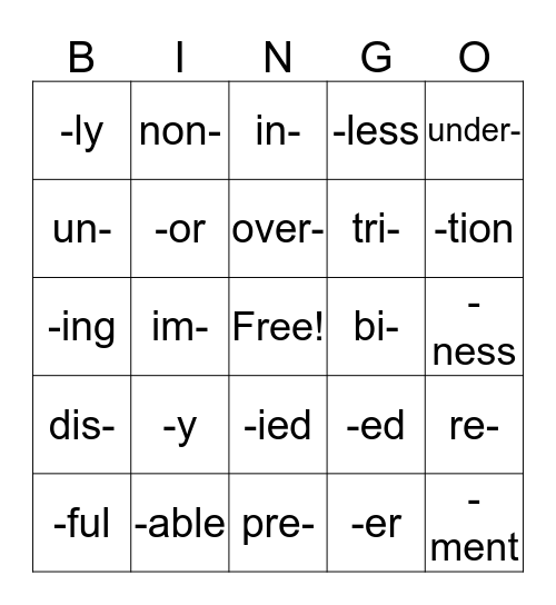 Prefix and Suffix Bingo! Bingo Card