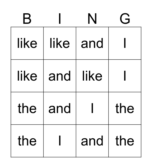 Lesson 1- 4 K Bingo Card