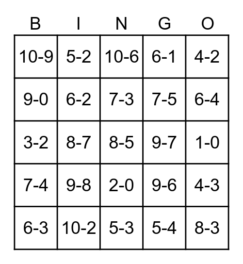 Subtraction Bingo Card