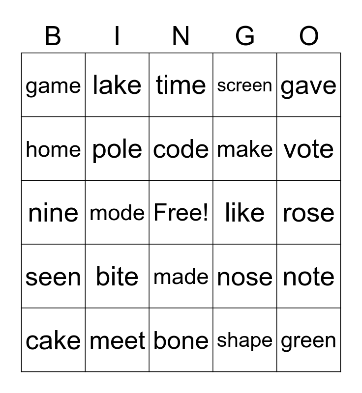 long vowel bingo Card