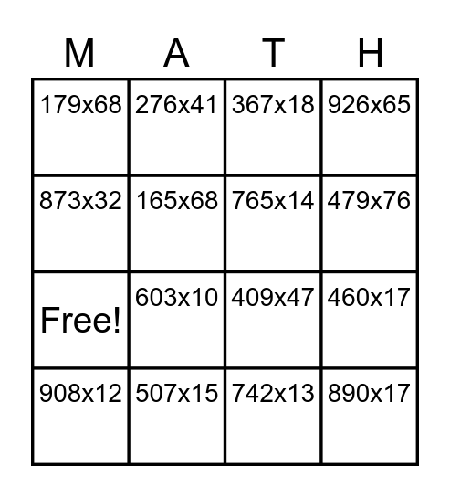 3 Digit Multiplication Bingo Card