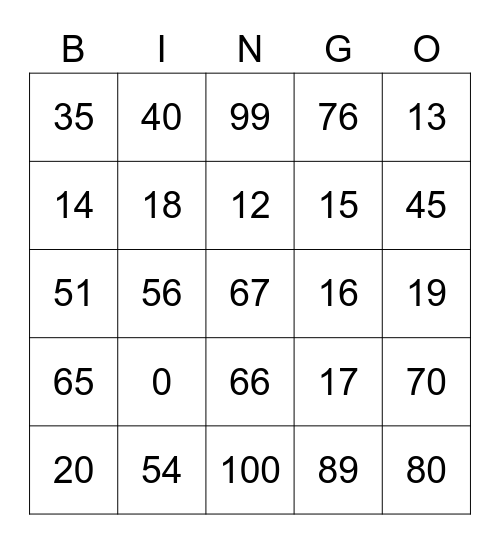 0-100 Bingo Card