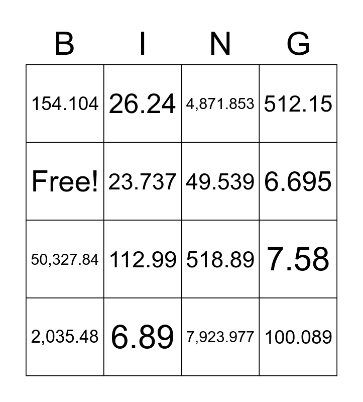 Adding Decimals BINGO Card