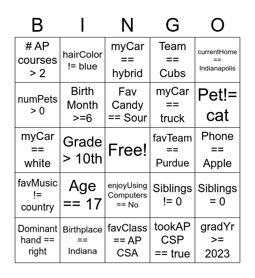 Boolean Bingo Card