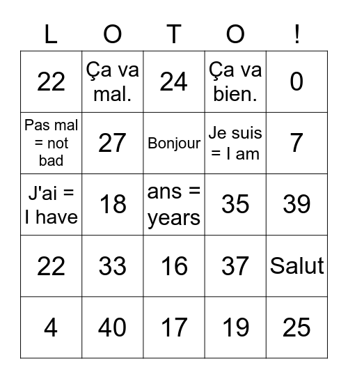 Les Nombres 0 - 40 Bingo Card