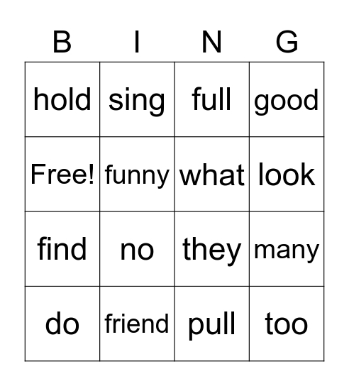 High Frequency Words Bingo Card