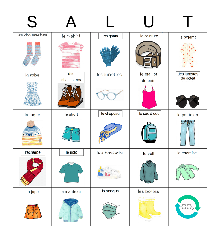 Les vêtements with Images Bingo Card
