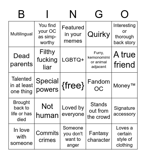 OC Bingo: Pick an OC & Pray Bingo Card
