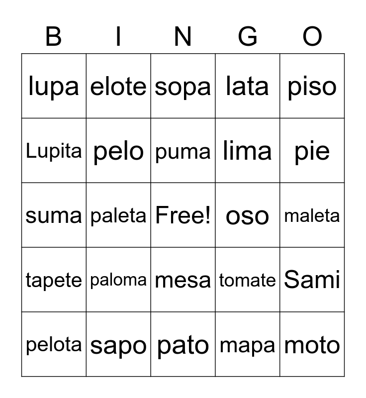 Palabras Bingo Card