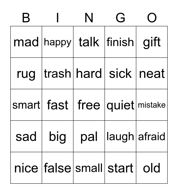 Synonym Bingo Card
