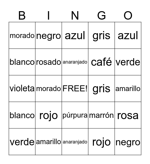 Los Colores Bingo Card