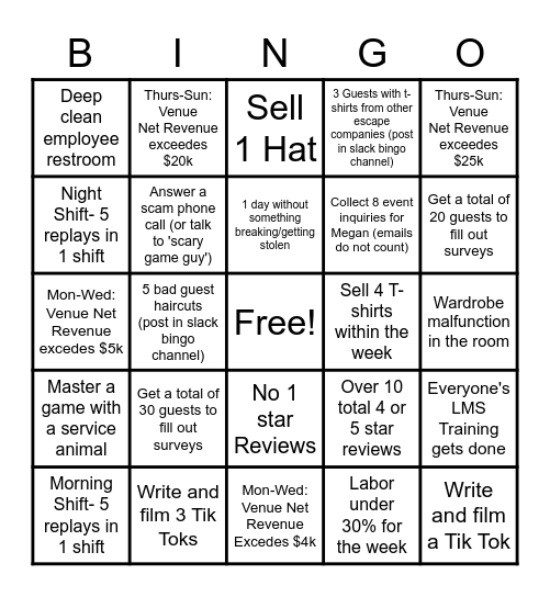 Weekly Venue Bingo Card