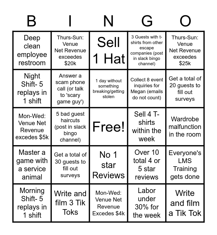 Weekly Venue Bingo Card