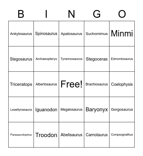 Dinosaurs Bingo Card