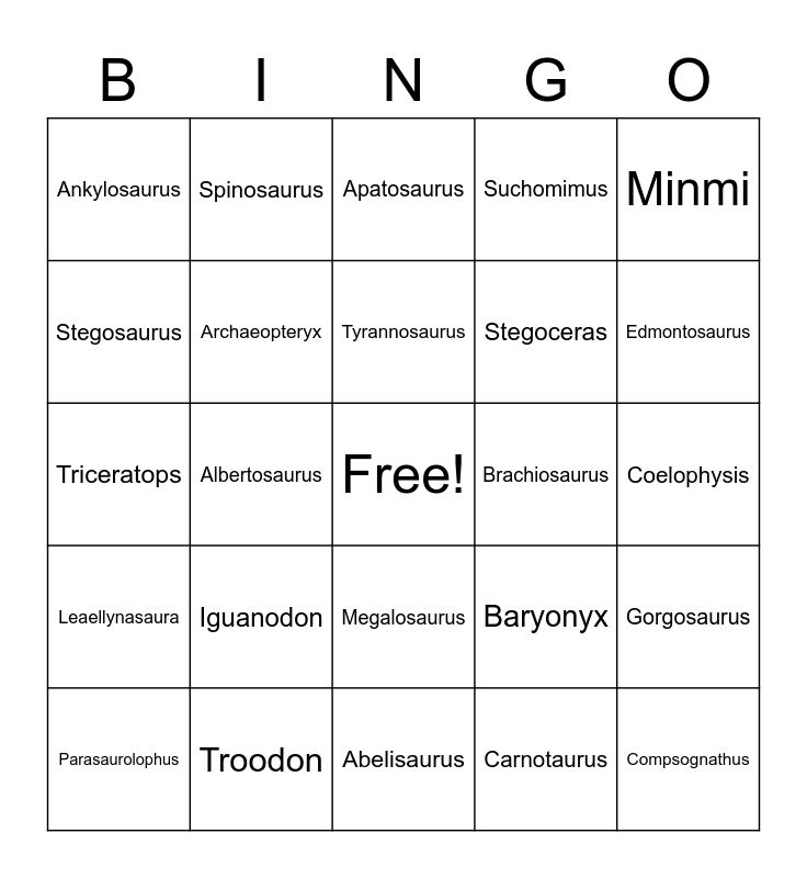 Dinosaurs Bingo Card
