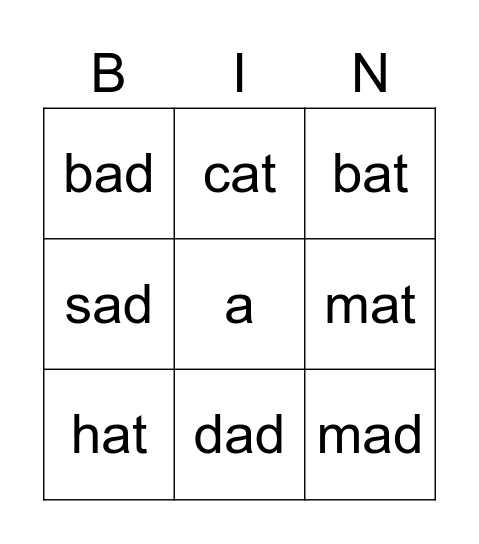 short vowel a Bingo Card