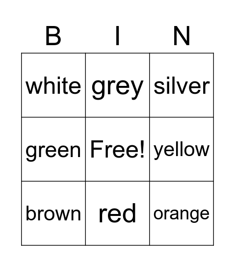 colours Bingo Card