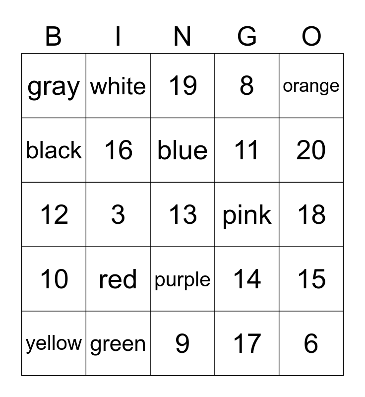 Colours and Numbers Bingo Card