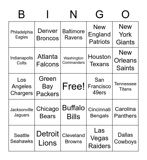 NFL Bingo Card