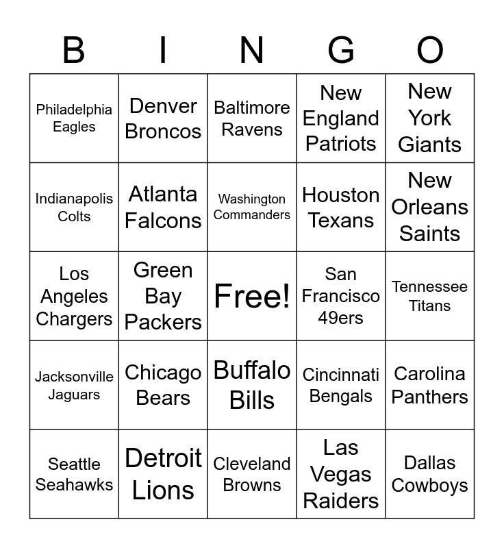 NFL Bingo Card