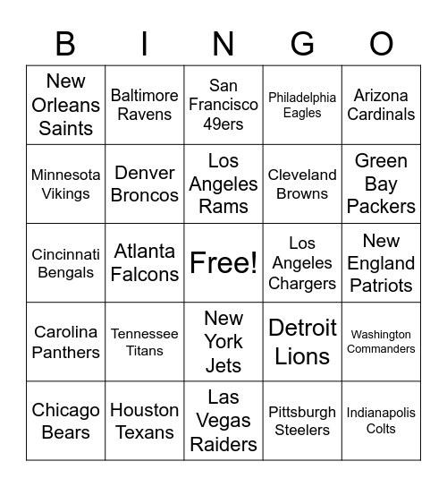 NFL Bingo Card