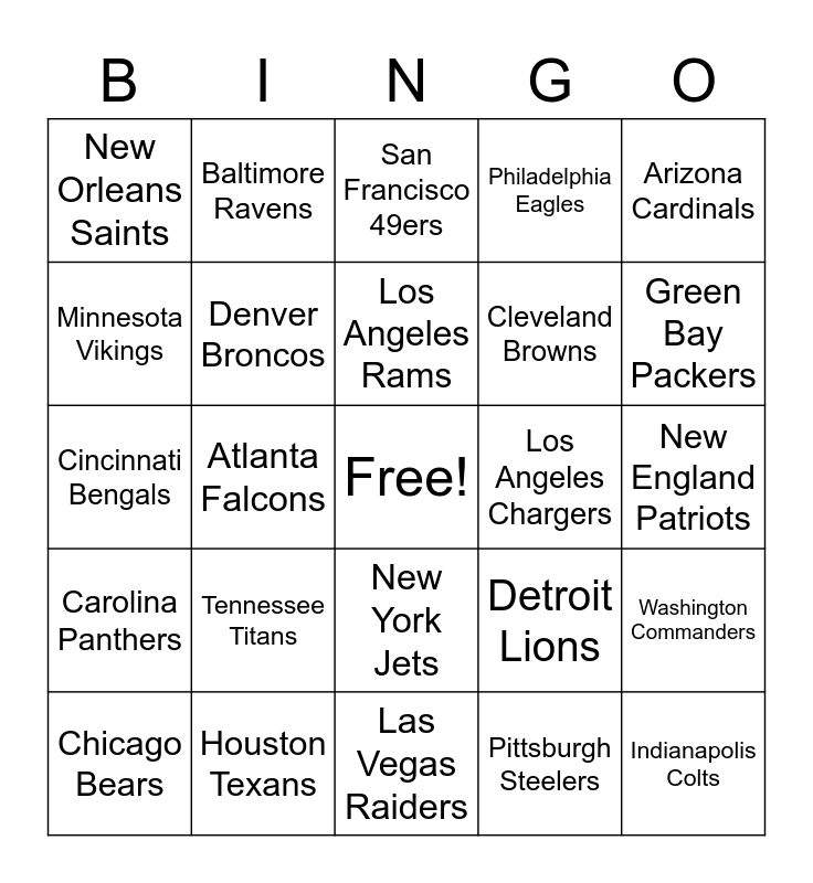 NFL Bingo Card