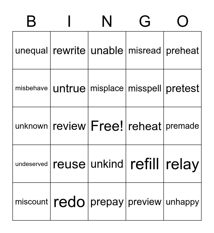 Prefixes Bingo Card