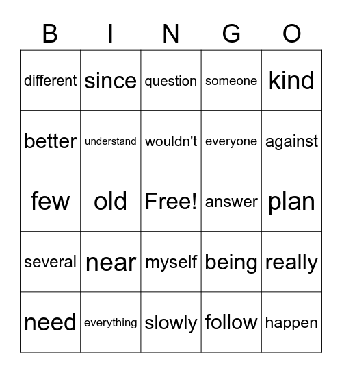 Snap Word Bingo Card