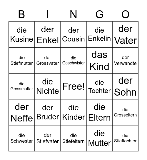 Familie Bingo Card