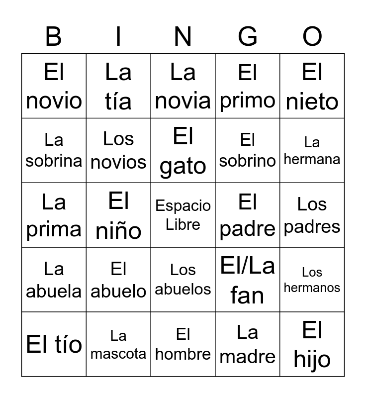 La familia Bingo Card