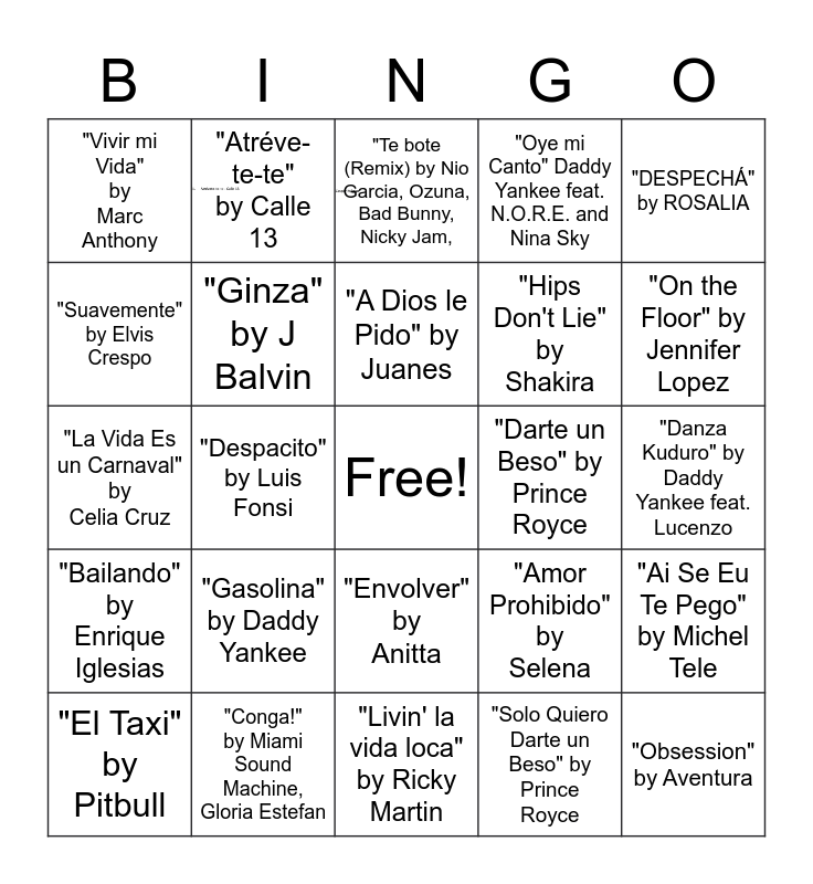 Latin Top Hits Bingo Card