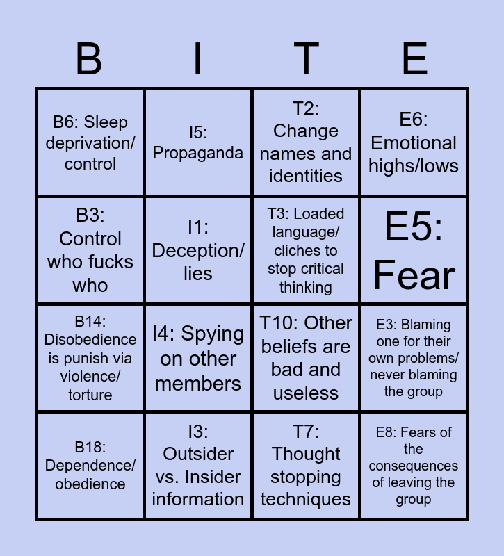 BITE Model BINGO Card