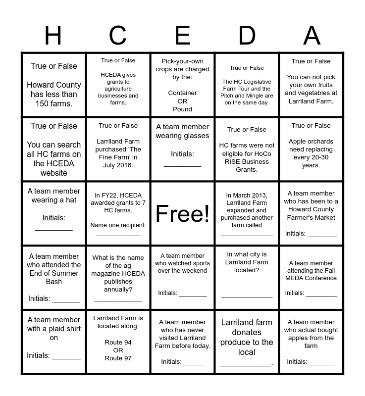 Ag Day- HCEDA Bingo Card