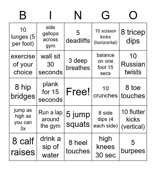 Fitness Bingo Card
