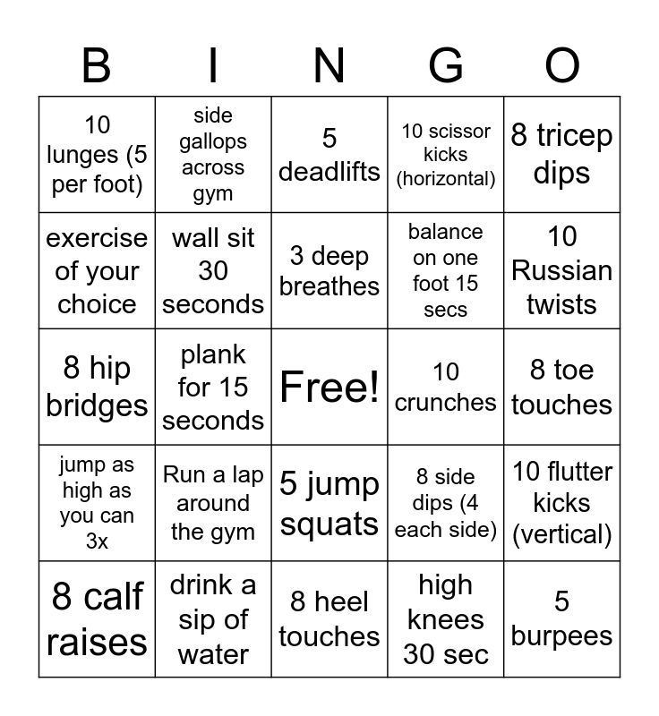 Fitness Bingo Card