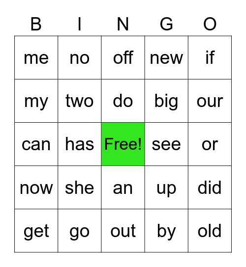 Blue & Green Words Bingo Card