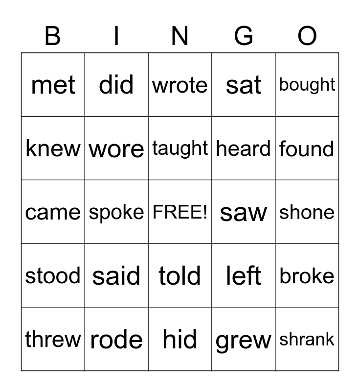 Irregular Past Tense Bingo! Bingo Card