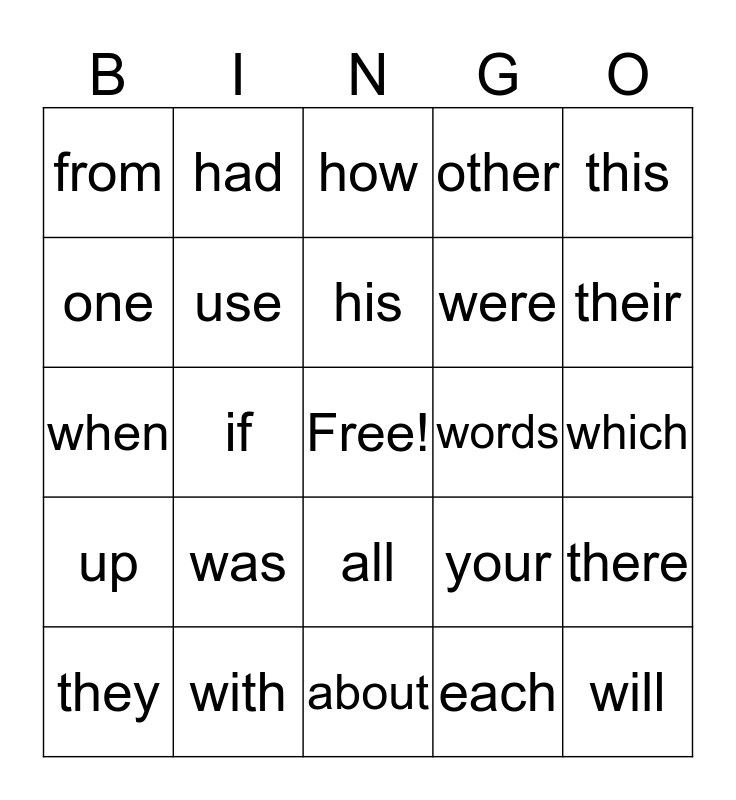 First Grade Instant Words (Group 1) Bingo Card