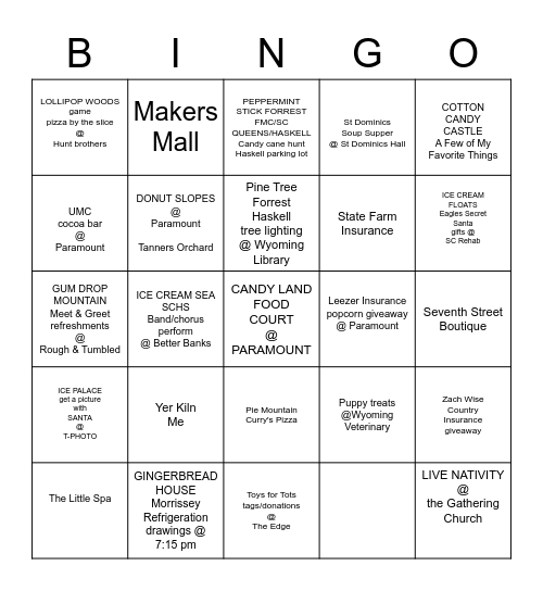 CANDYLAND in Wyoming Nov 18, 5-8pm Bingo Card