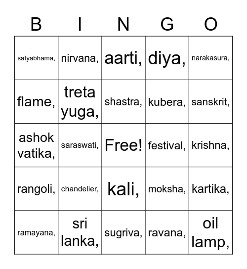 DIWALI Bingo Card