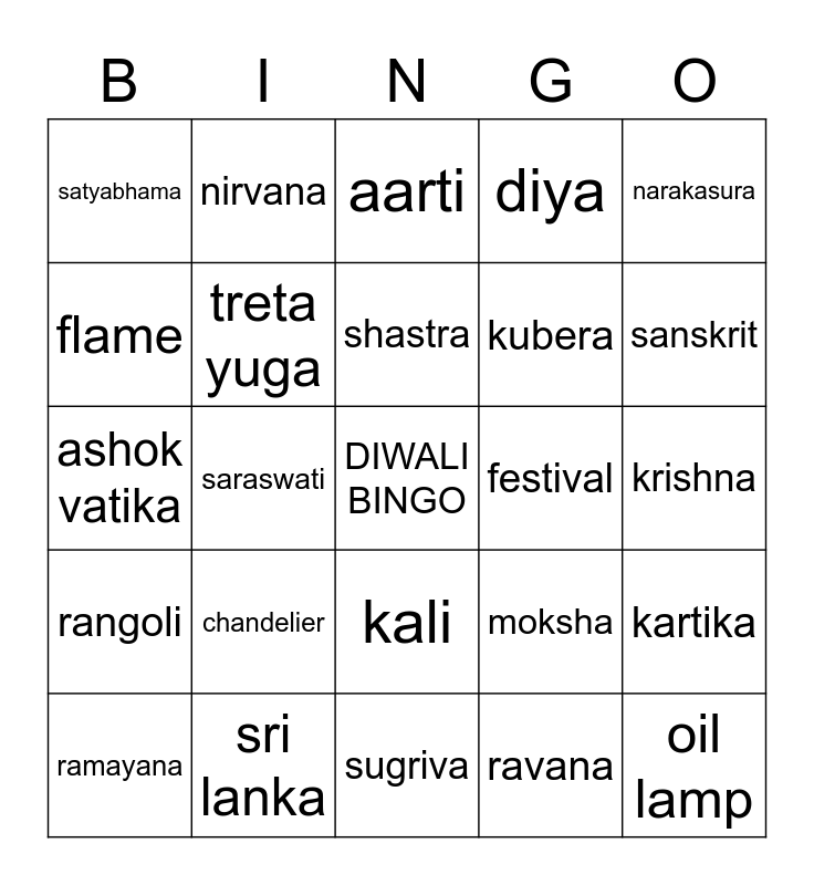 DIWALI Bingo Card