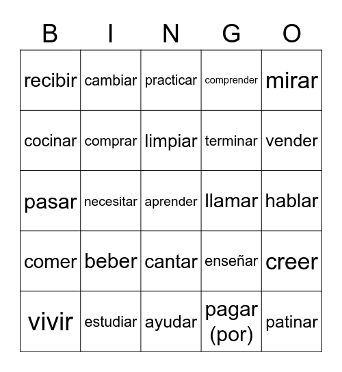 Verbos Infinitivos Bingo Card